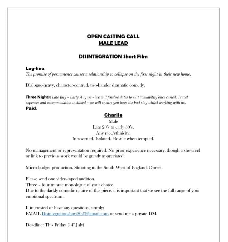 Open Casting Call Male Lead Three Nights Late July Early August Paid Charlie Male Late 20s