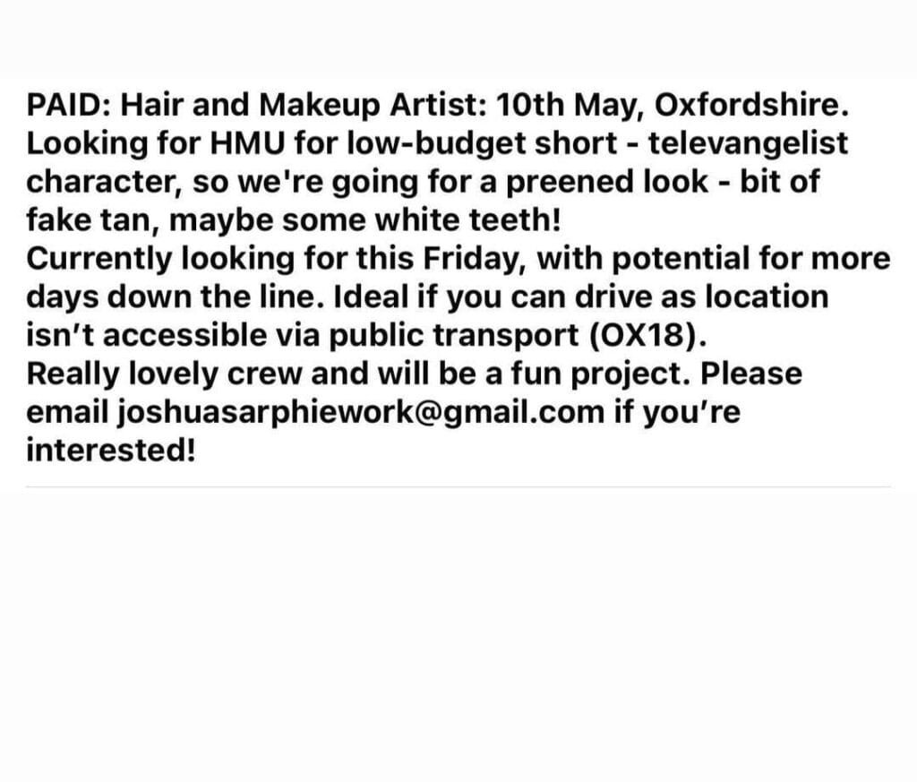 PAID: Hair and Makeup Artist: 10th May, Oxfordshire. - Casting Calls UK